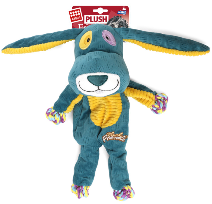 Игрушка для собак GiGwi / ГиГви PLUSH FRIENDZ Заяц с верёвкой и пищалкой, мягкая, размер 15х10.5х33см / зоотовары для животных