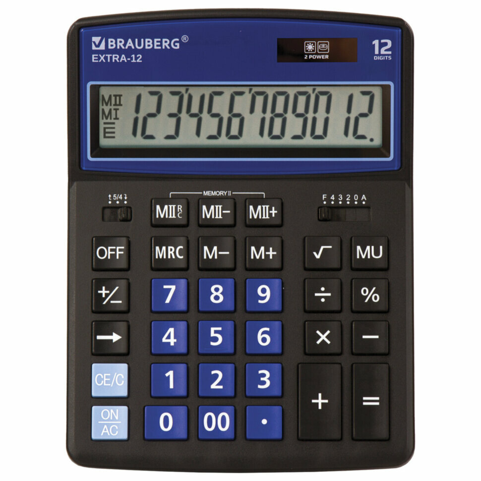 Калькулятор настольный BRAUBERG EXTRA-12-BKBU (206x155 мм), 12 разрядов, двойное питание, черно-синий, 250472, 250472