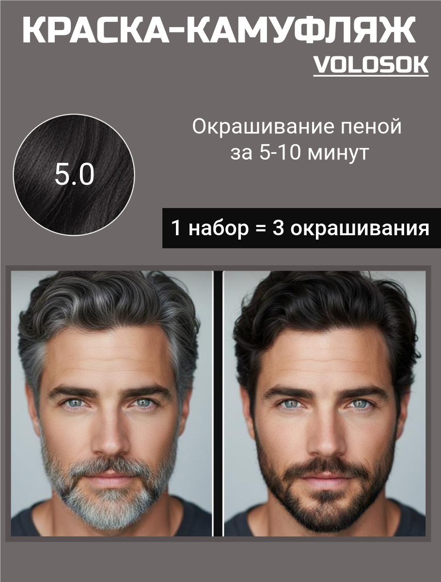 Мужская краска-камуфляж для седины VOLOSOK 5.0 Светлый шатен. Краска для седых волос мужская. Краска для бороды и усов
