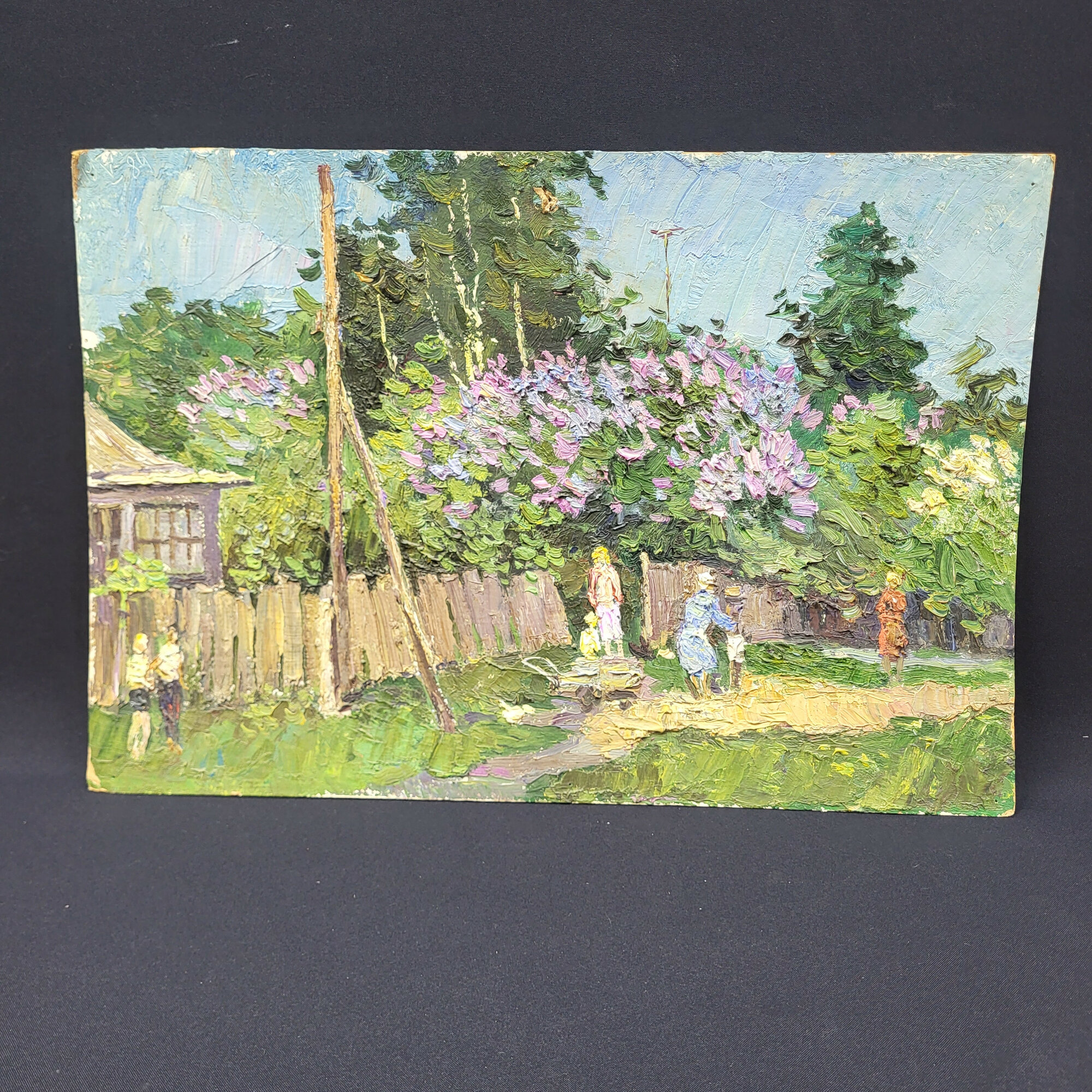 Картина винтажная, СССР. Картон, масло, пейзаж Сирень, 1984 год, художник Скалин Анатолий