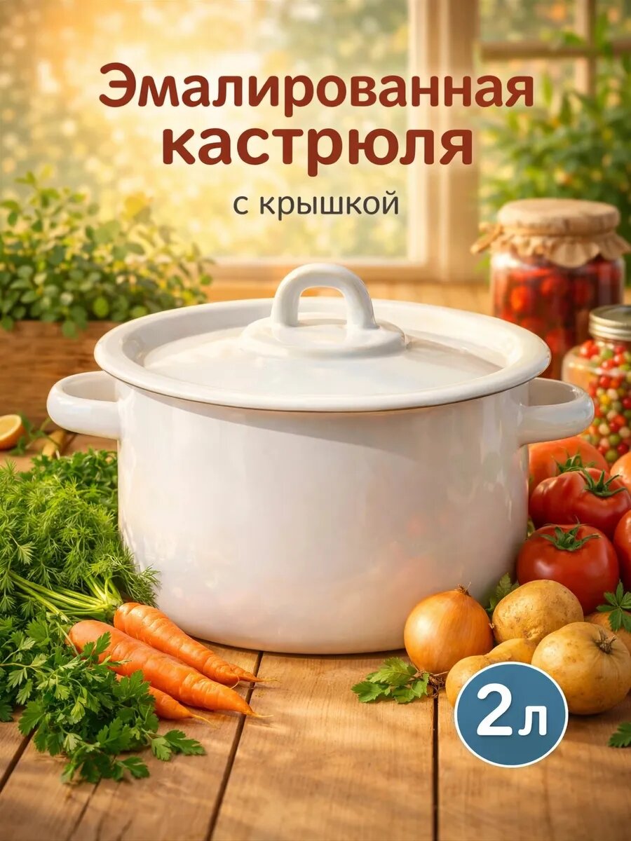 Кастрюля эмалированная, 2 л, d=19.5 см, с крышкой, без декора, белая