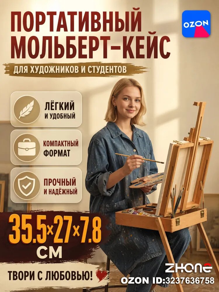 ZHONE Этюдник деревянный: комплект этюдника с мольбертом, планшетом и ручкой для художников на пленэре