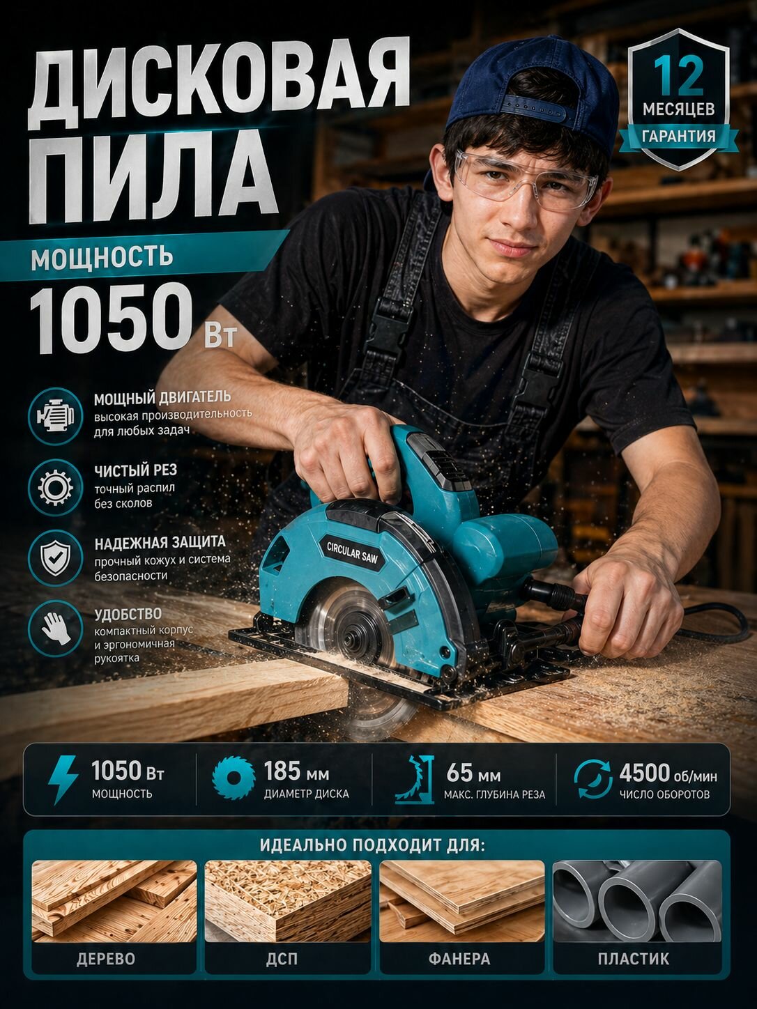 Дисковая циркулярная пила с лазером 185мм, (циркулярка)