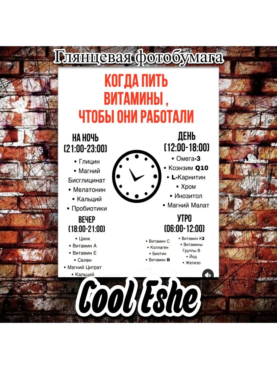 Постер "Когда пить витамины, чтобы они работали" из коллекции "Полезное" А3