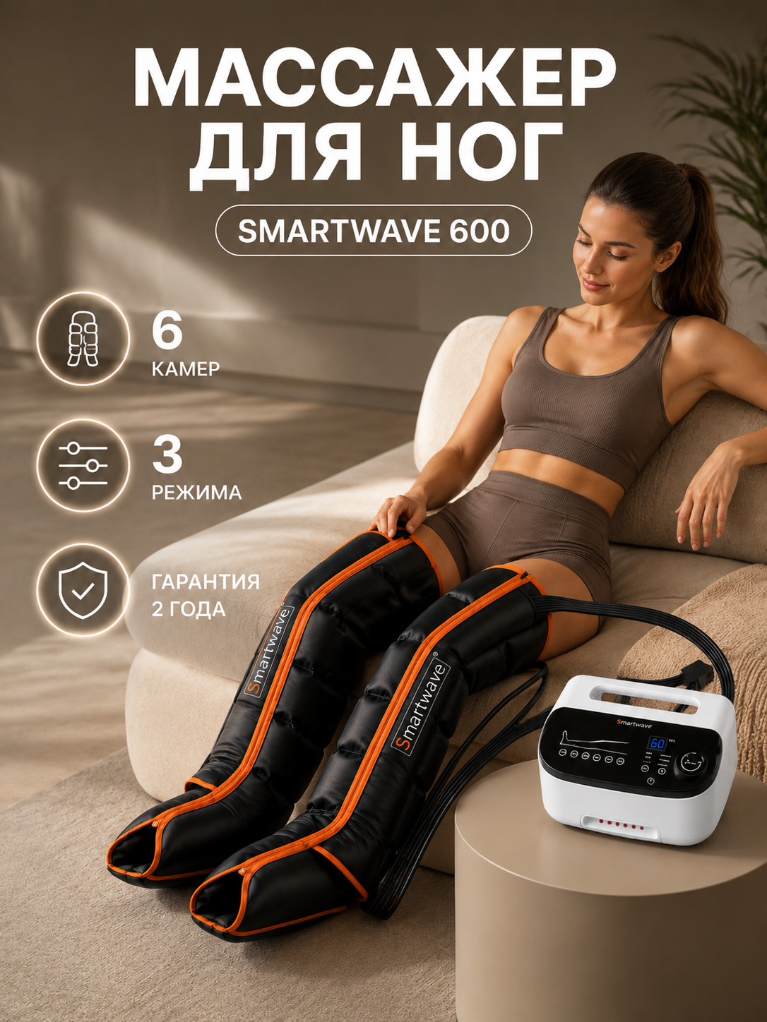 Массажер для ног SMARTWAVE 600. Профессиональный компрессионный лимфодренажный массажер для ног (6 камер)