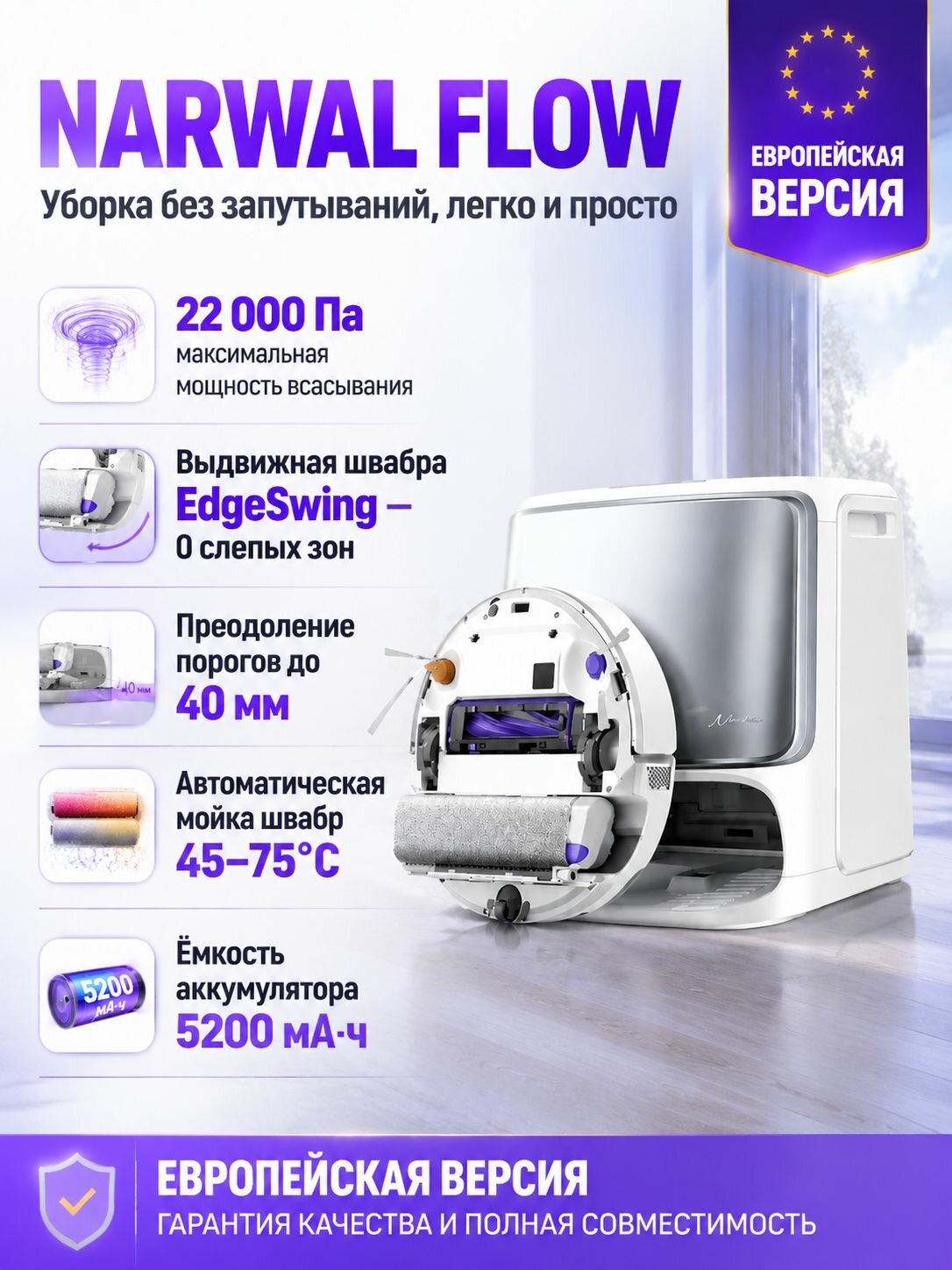 Narwal Flow Робот-подметальщик 22 000 Па, DualFlow 0% наматывания, 12 Н давления, 120 дней без обслуживания