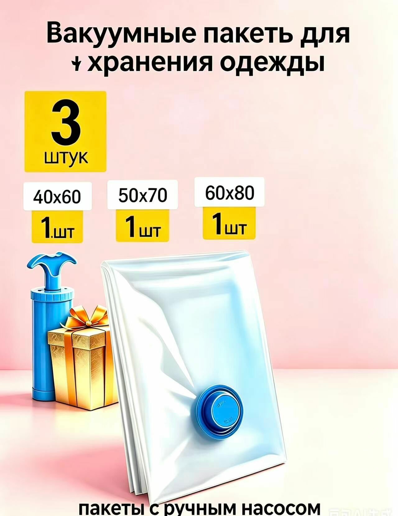 Вакуумные мешки для одеял, подушек и одежды, 3 штуки с ручным насосом, защита от пыли и влаги