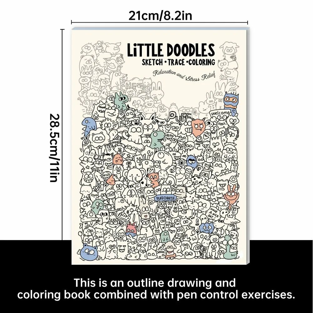 Блокнот Little Doodles, раскраска-антистресс, формата A4, 21x28.5 см, крафтовая бумага, аниме дизайн