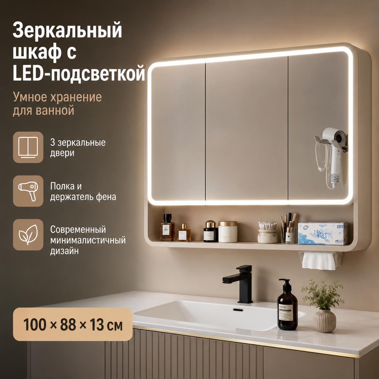 Умный зеркальный шкаф 100см хаки с подсветкой для ванной, умное удаление запотевания