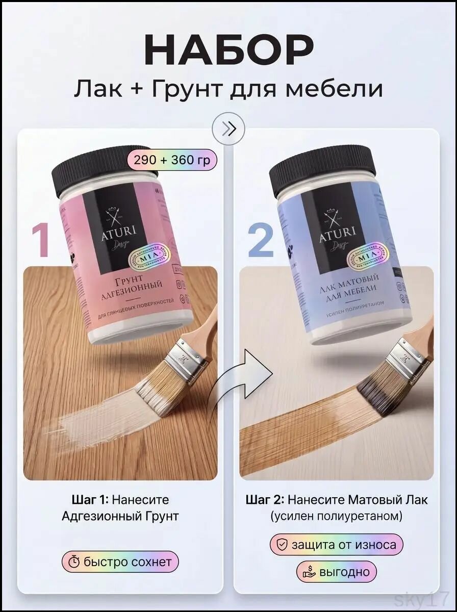 Акриловый лак для мебели матовый 290 г + грунт адгезионный 360 г, набор MIA Aturi Design без запаха