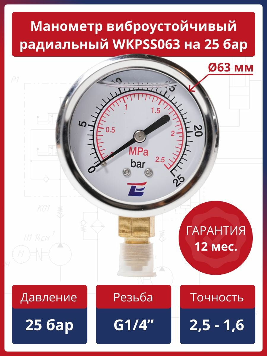 Манометр виброустойчивый WKPSS063 25 bar 1/4BSP (M635RL, ТМ-320Р)
