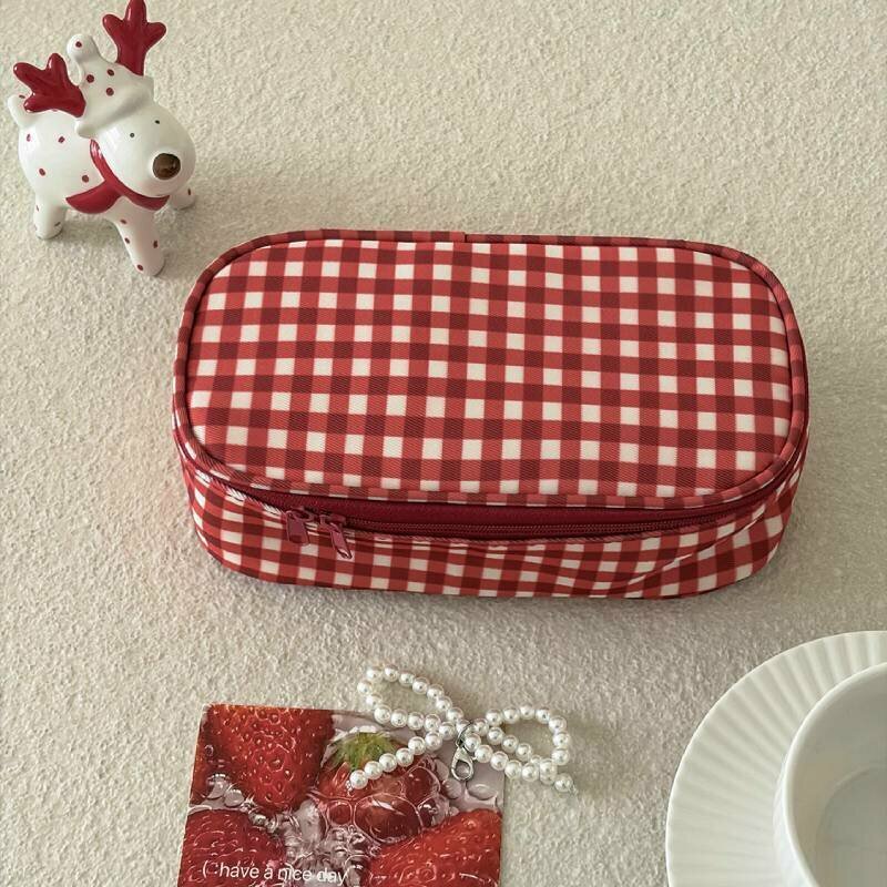 Travel makeup bag with zipper for women and men minimalist grid pattern flat makeup bag
