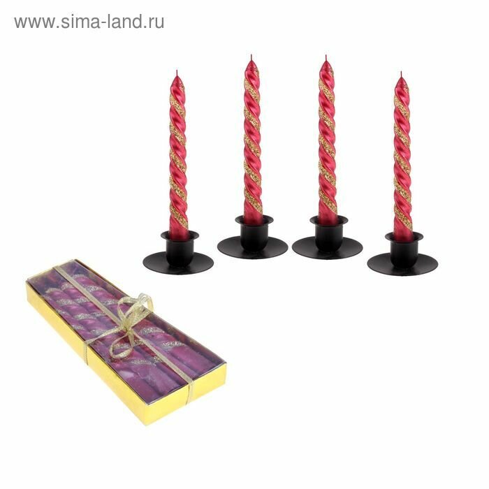 Свечи восковые витые Золотая спираль , набор 4 шт, красные