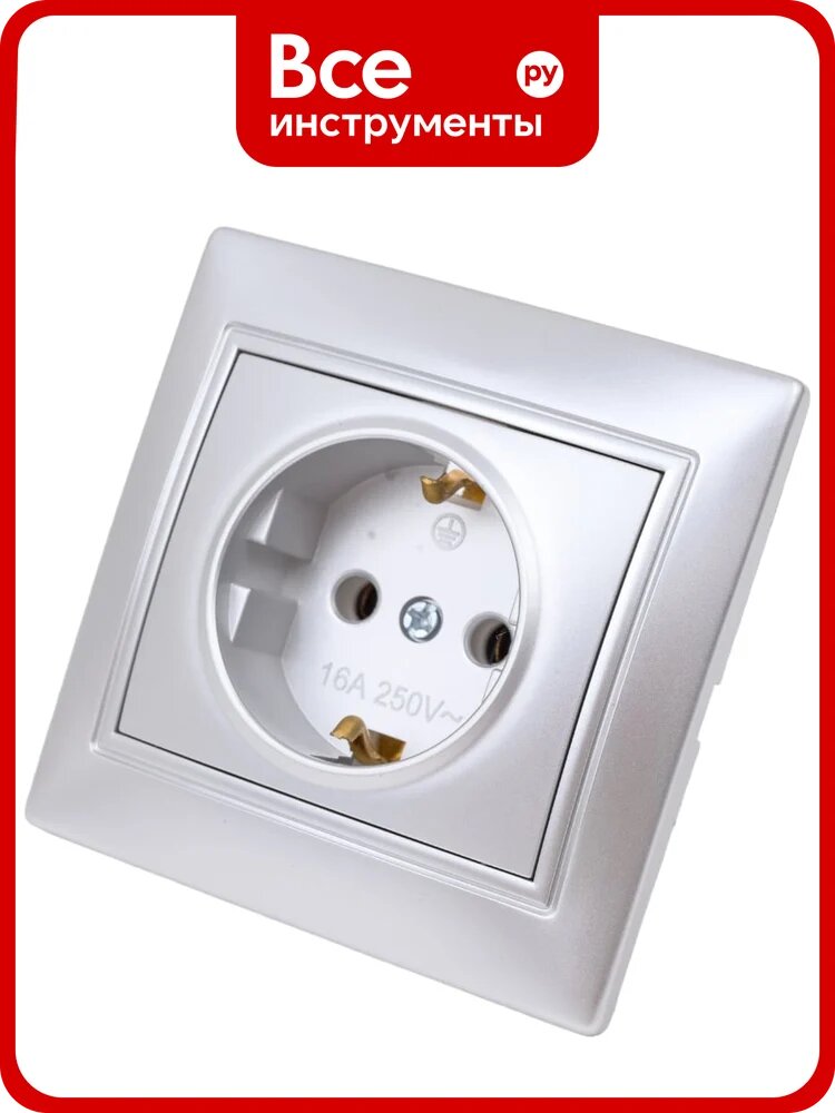 Розетка Smartbuy 1-местная с заземлением 16А серебро, Венера SBE-01s-16-S1-Z-c, встраиваемый скрытый монтаж