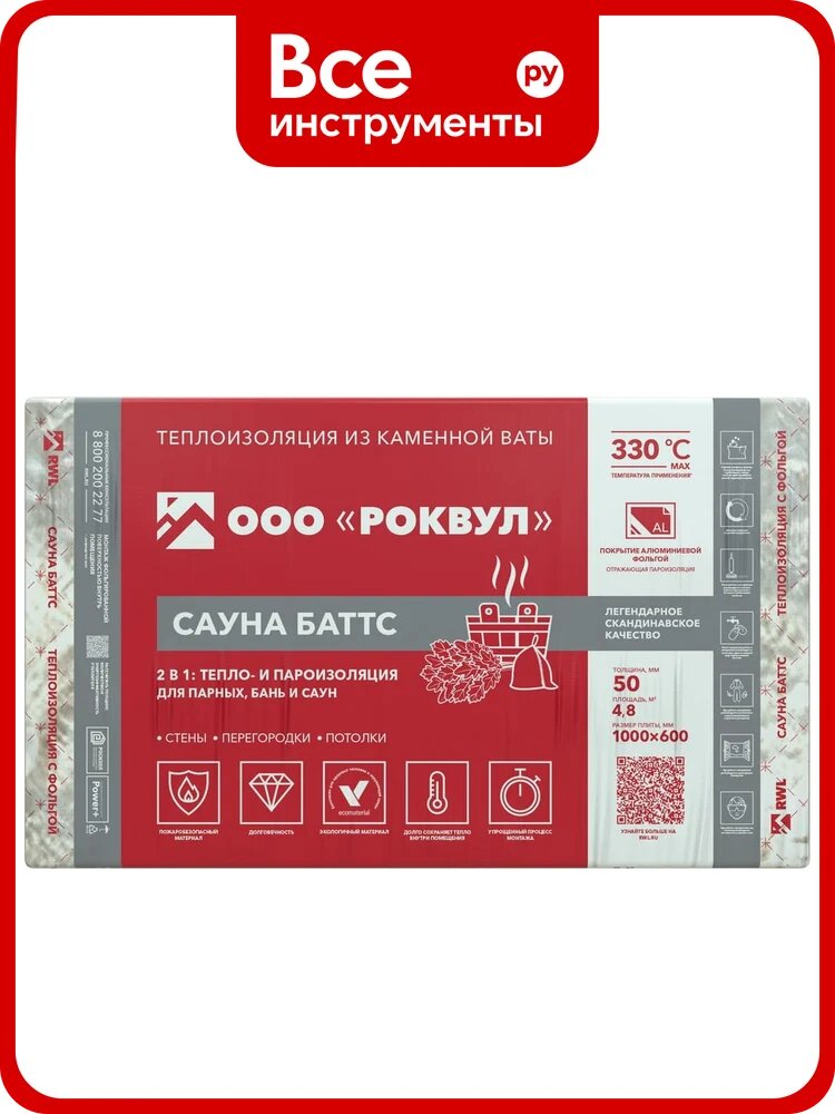 Теплоизоляция RWL "Сауна БАТТС", для бань и саун, 1000х600х50 мм, 8 шт