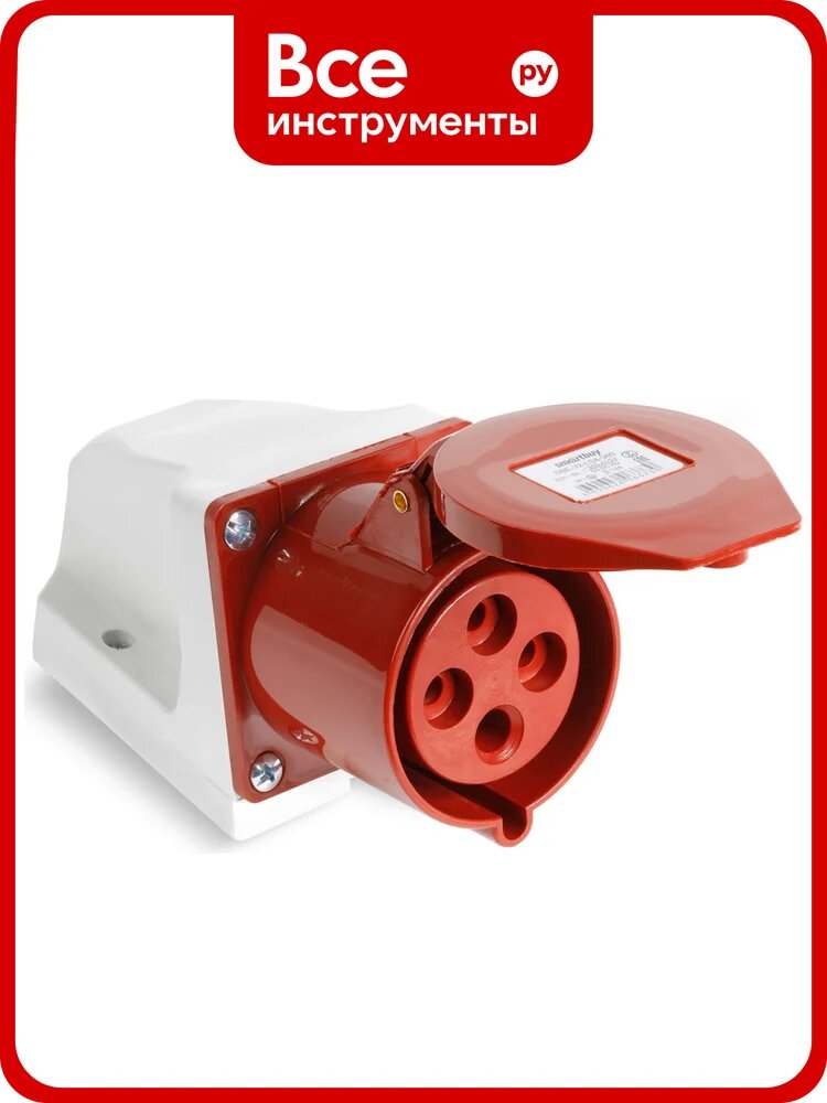 Розетка Smartbuy стационарная наружная 124 3Р+РЕ 32А 380В IP44, SBE-32-LS4-380 корпус из пластика, крепление на стену