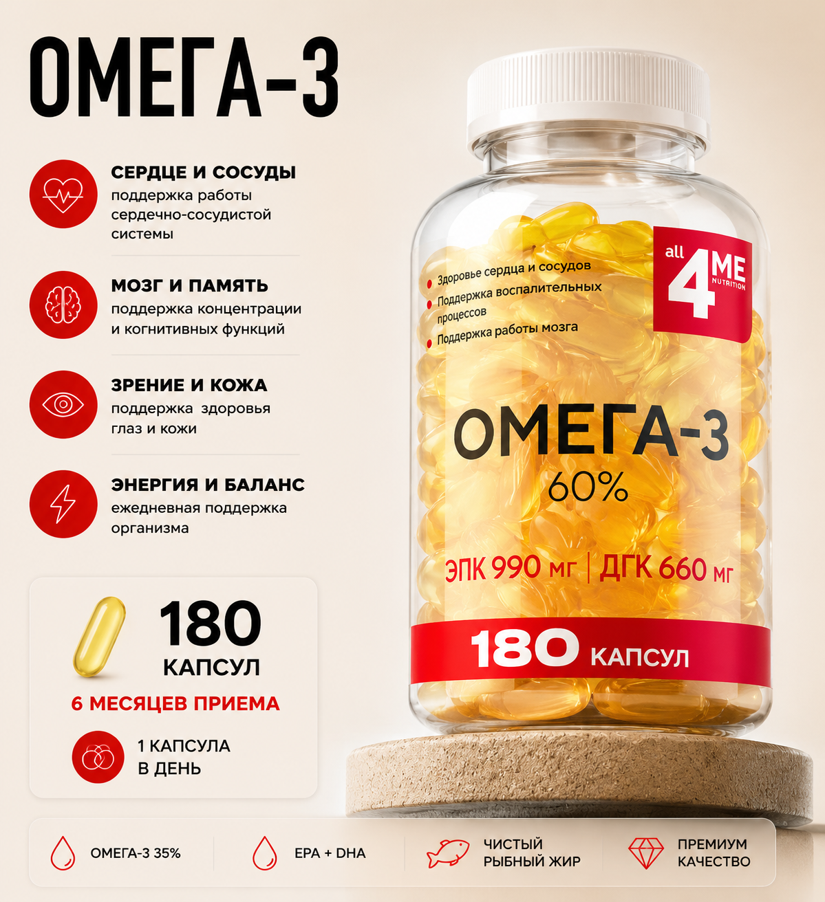 Омега-3 ALL4ME 35%, 180 капсул, рыбий жир, EPA и DHA, комплекс жирных кислот для сердца, мозга и зрения