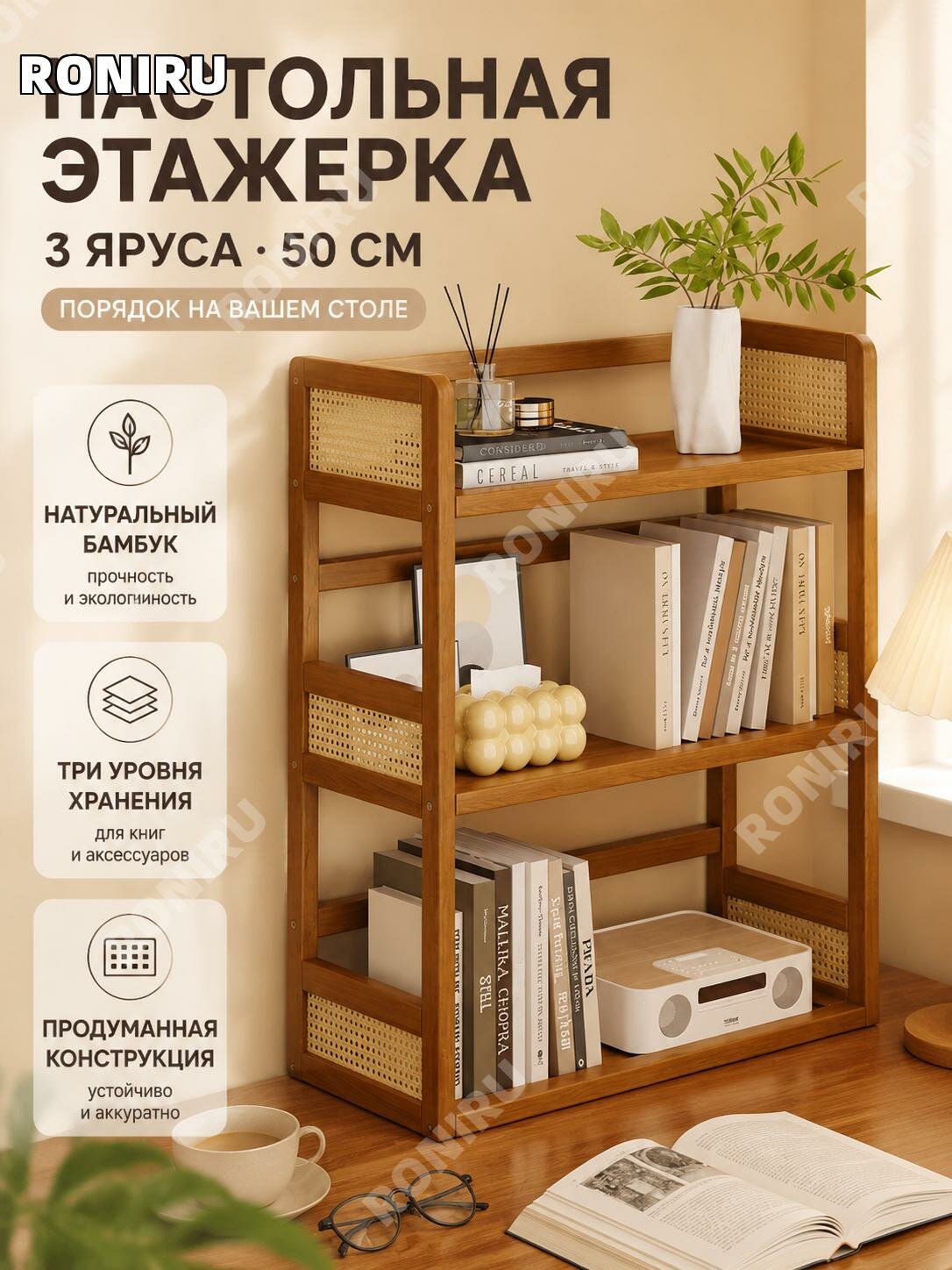 Настольная книжная полка3 яруса50 см из бамбука