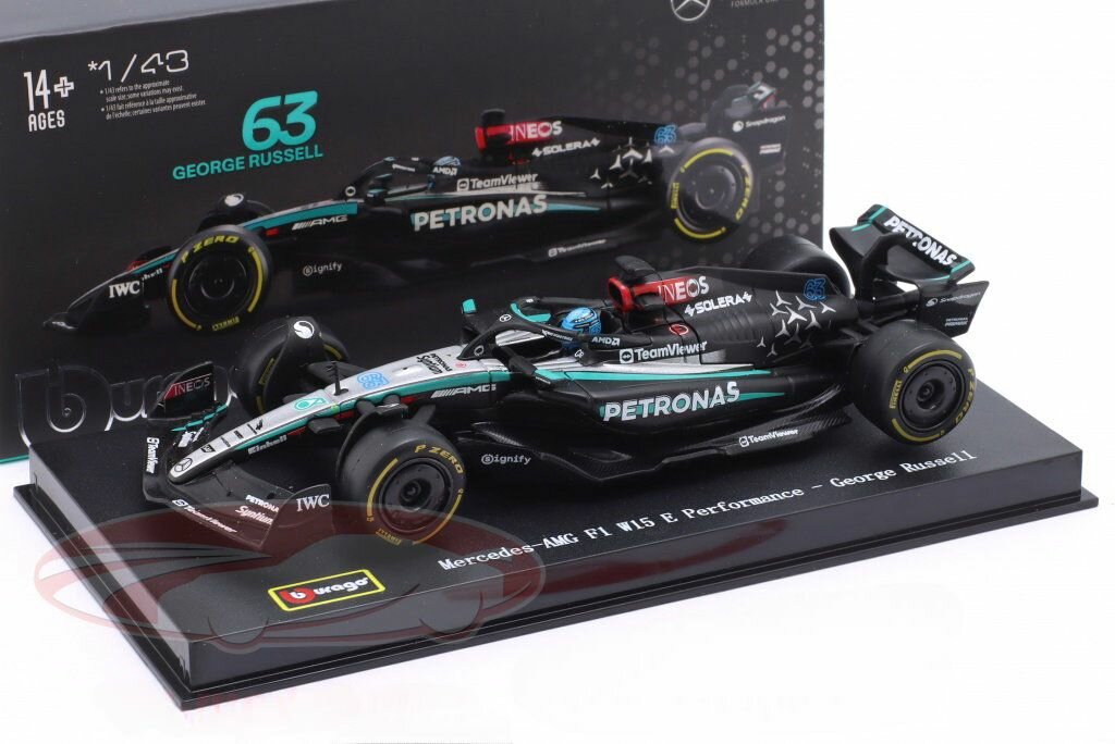 Коллекционная машинка Bburago 1:43 Mercedes AMG F1 W15 E Performance with Helmet #63