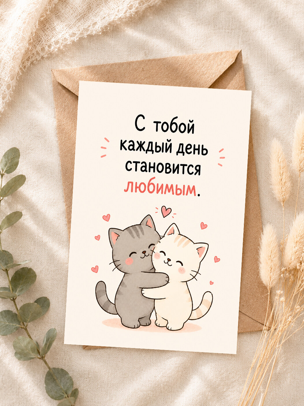 Открытка "С тобой каждый день становится любимым", романтичная с котиками, конверт, 10х15