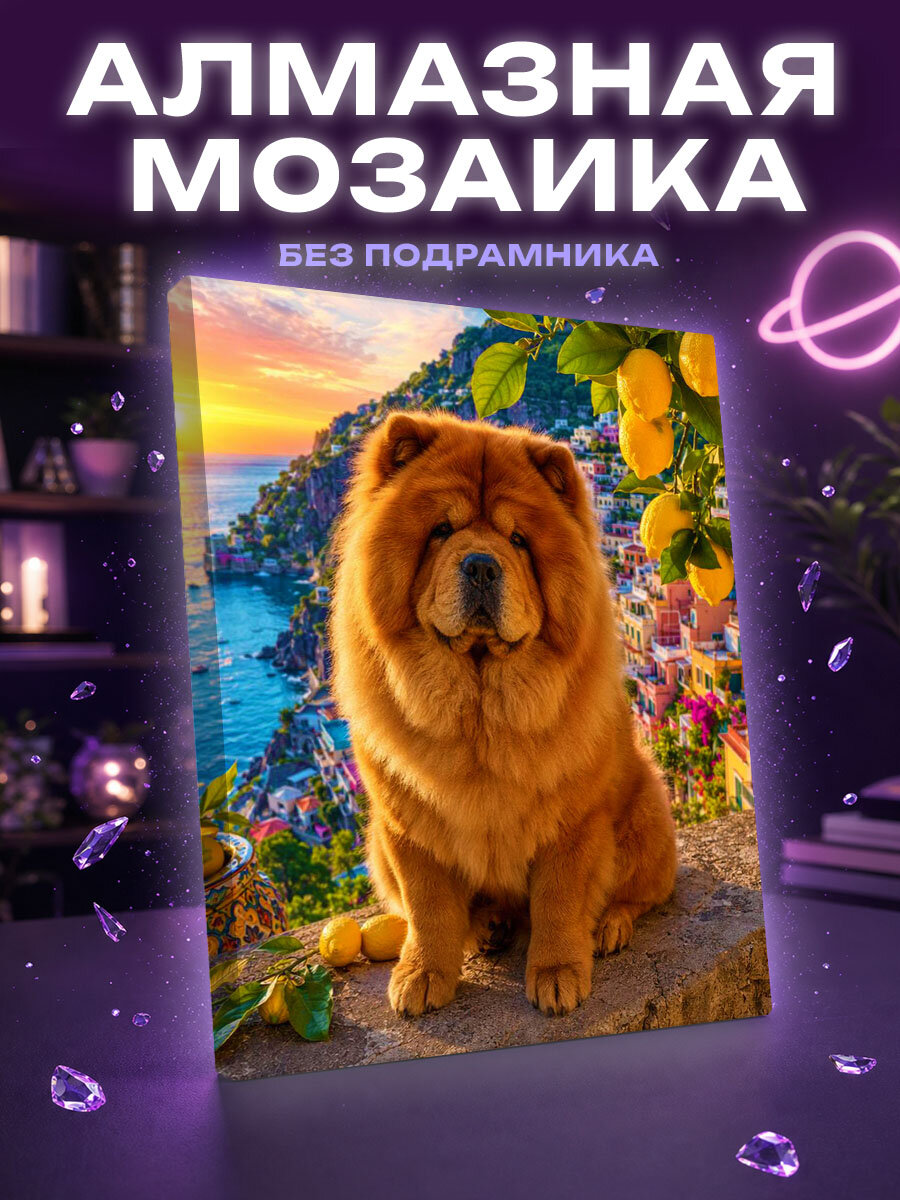 Алмазная мозаика Чау-чау у цветного побережья Амальфи