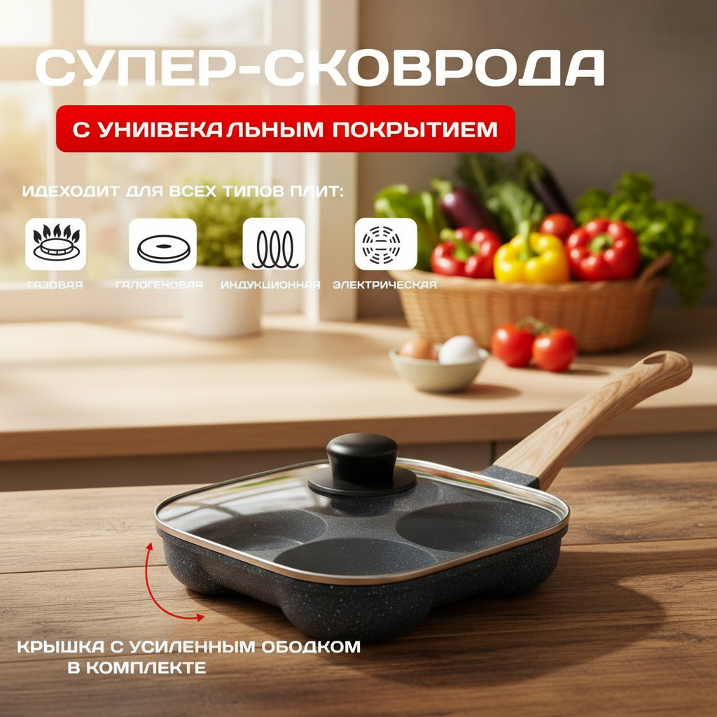 Антипригарная сковорода для яичницы оладий и блинов серая с секциями