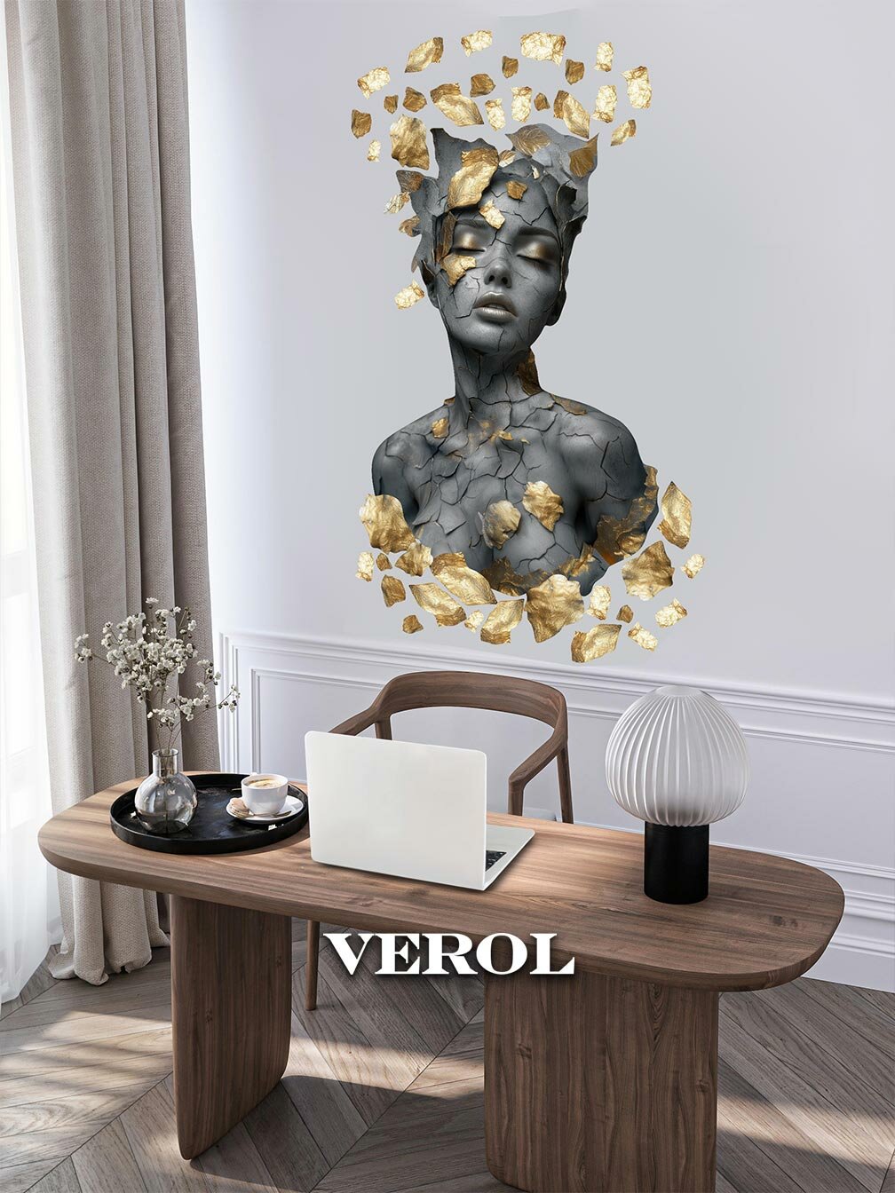Интерьерные наклейки на стену для декора VEROL "Девушка, темный барельеф с золотом"