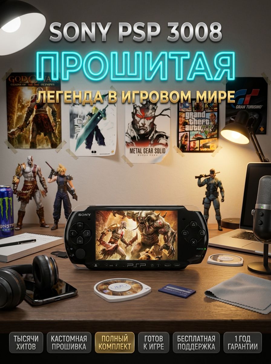 Новая игровая приставка Sony PSP 3008 Slim Black 64Gb 3000+ ИГР