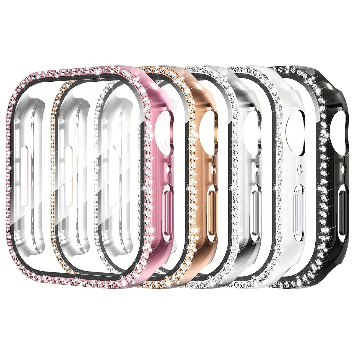 Набор из 5 чехлов для Apple Watch с блестящими стразами и ультратонкими противоударными защитными стеклами 2 в 1, совместимость: 38–49 мм, серии Ultra/SE/1–11, 5 цветов: черный, прозрачный, серебристый, розовый, розовое золото