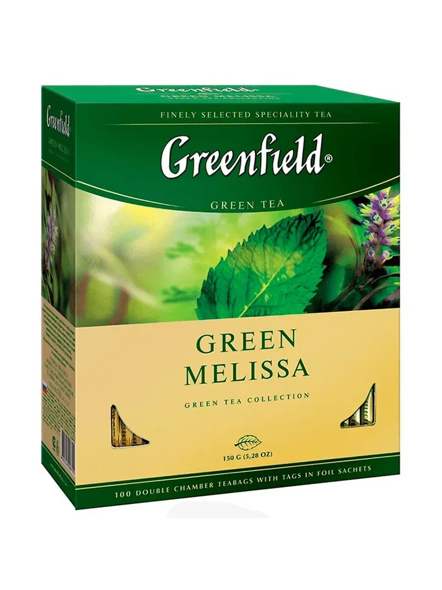 Greenfield Чай зеленый Green Melissa, 100 пакетиков по 1,5 г