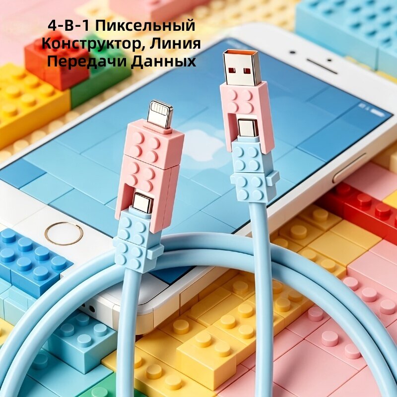 4-в-1 двупортовый двухпиксельный кабель-конструктор для зарядки и передачи данных, для iPhone 17-16-15-14-13-12-11 и других устройств, автомобильный зарядный кабель, сине-розовый