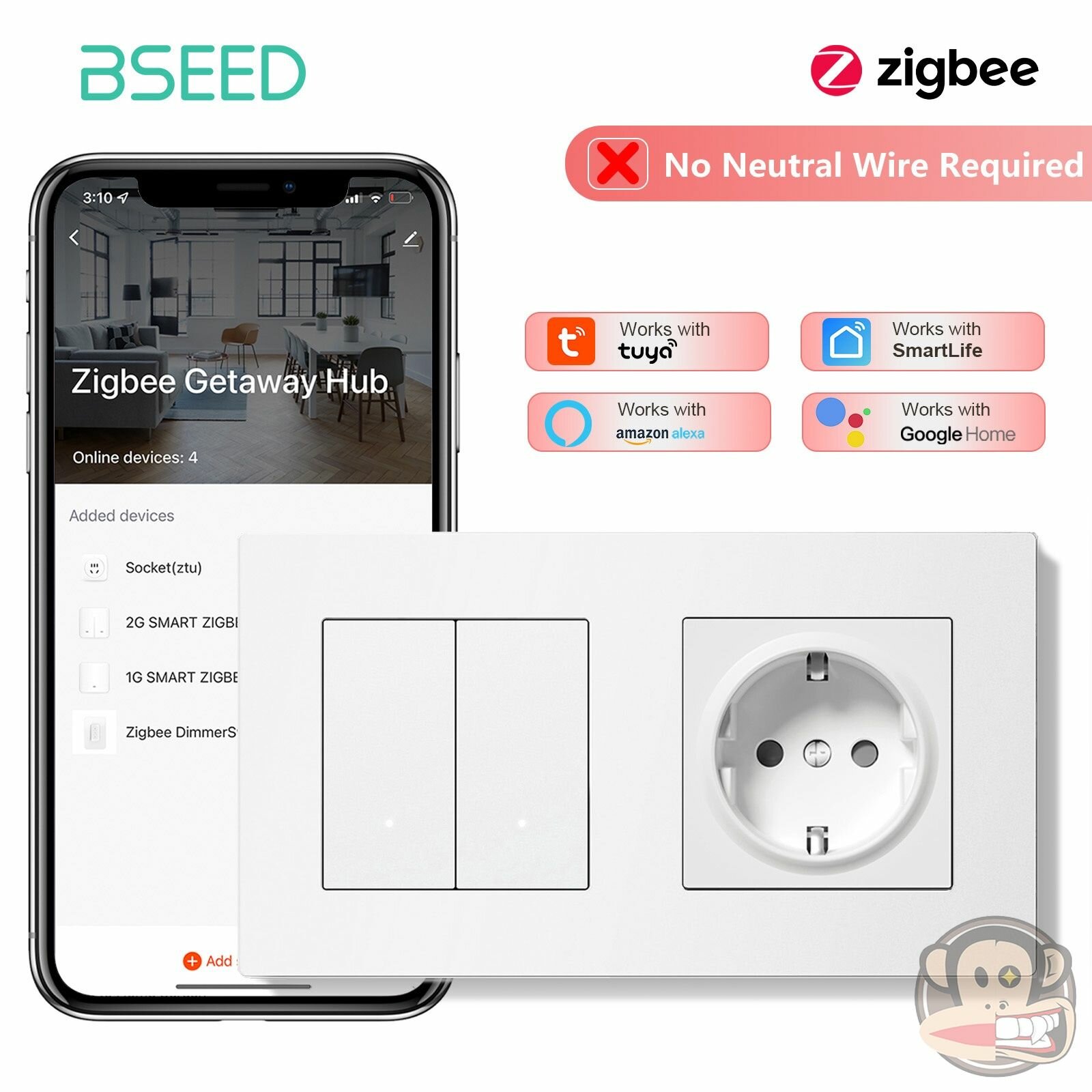 Умный выключатель Без нуля c Алисой, Легко нажать, ZIGBEE, 2 поста (2+1 розетка ), пластиковая рамка, 157mm без нуля для Алисы Zigbee 2 поста с розеткой легко нажать