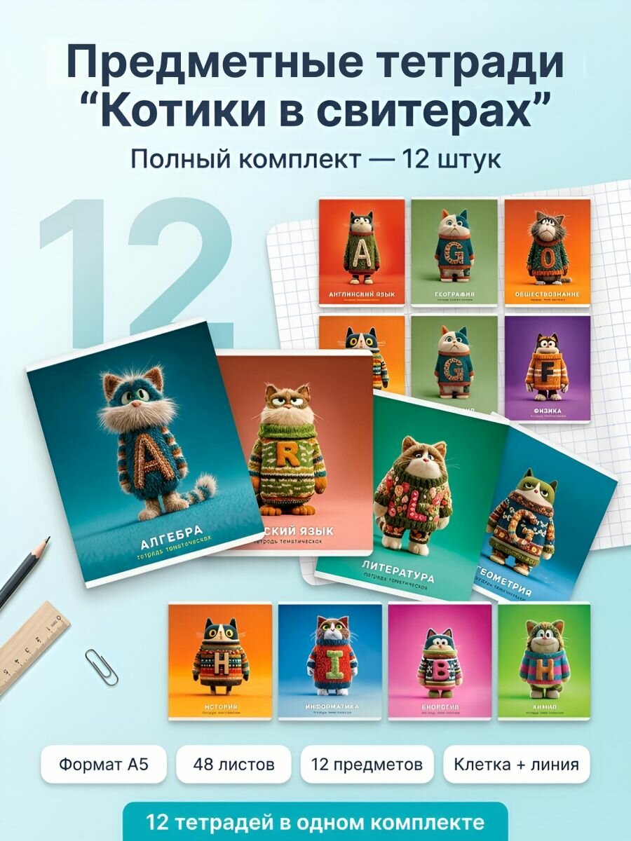 Комплект предметных тетрадей 12 штук Котики в свитерах, 48 листов, набор со справочным материалом, в клетку и линейку