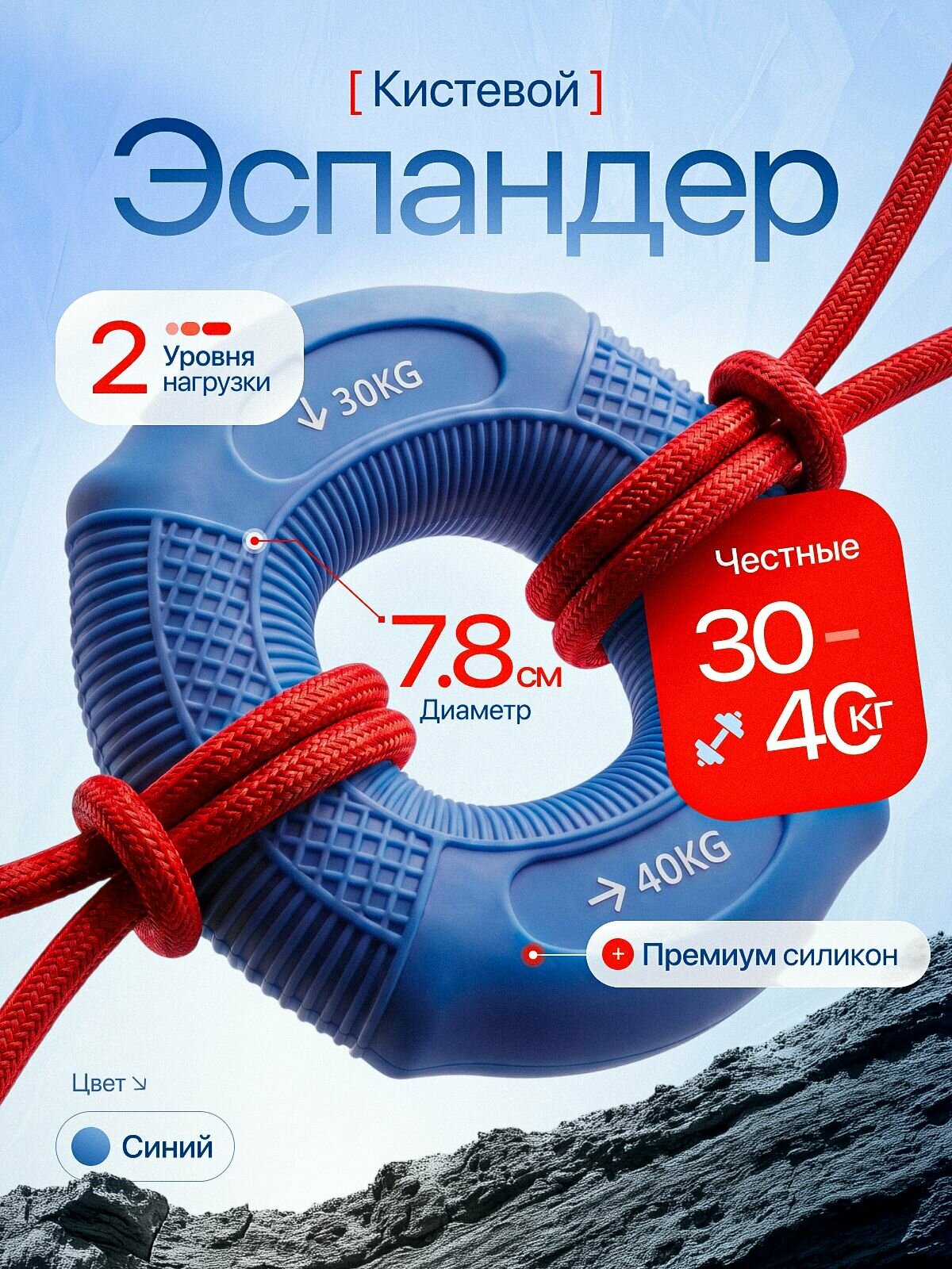 Эспандер кистевой резиновый 30-40 кг, тренажёр для рук, кисти и пальцев, круглый бублик-кольцо, синий, для мужчин и подростков