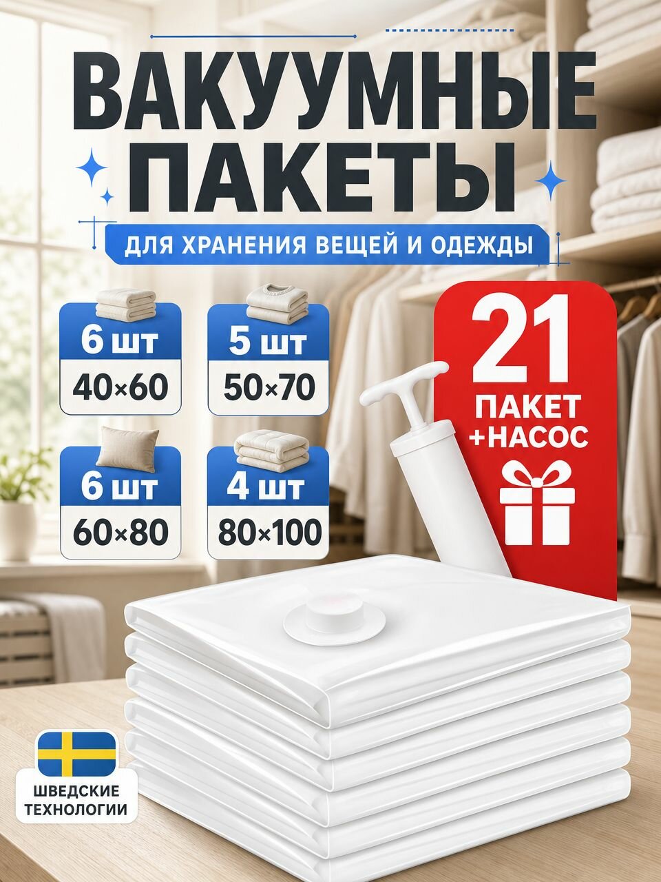 Вакуумные пакеты для одежды 21 штук с насосом и клапаном многоразовые / Вакуумные мешки для хранения вещей, одеял и пуховиков для пуховиков и одеял