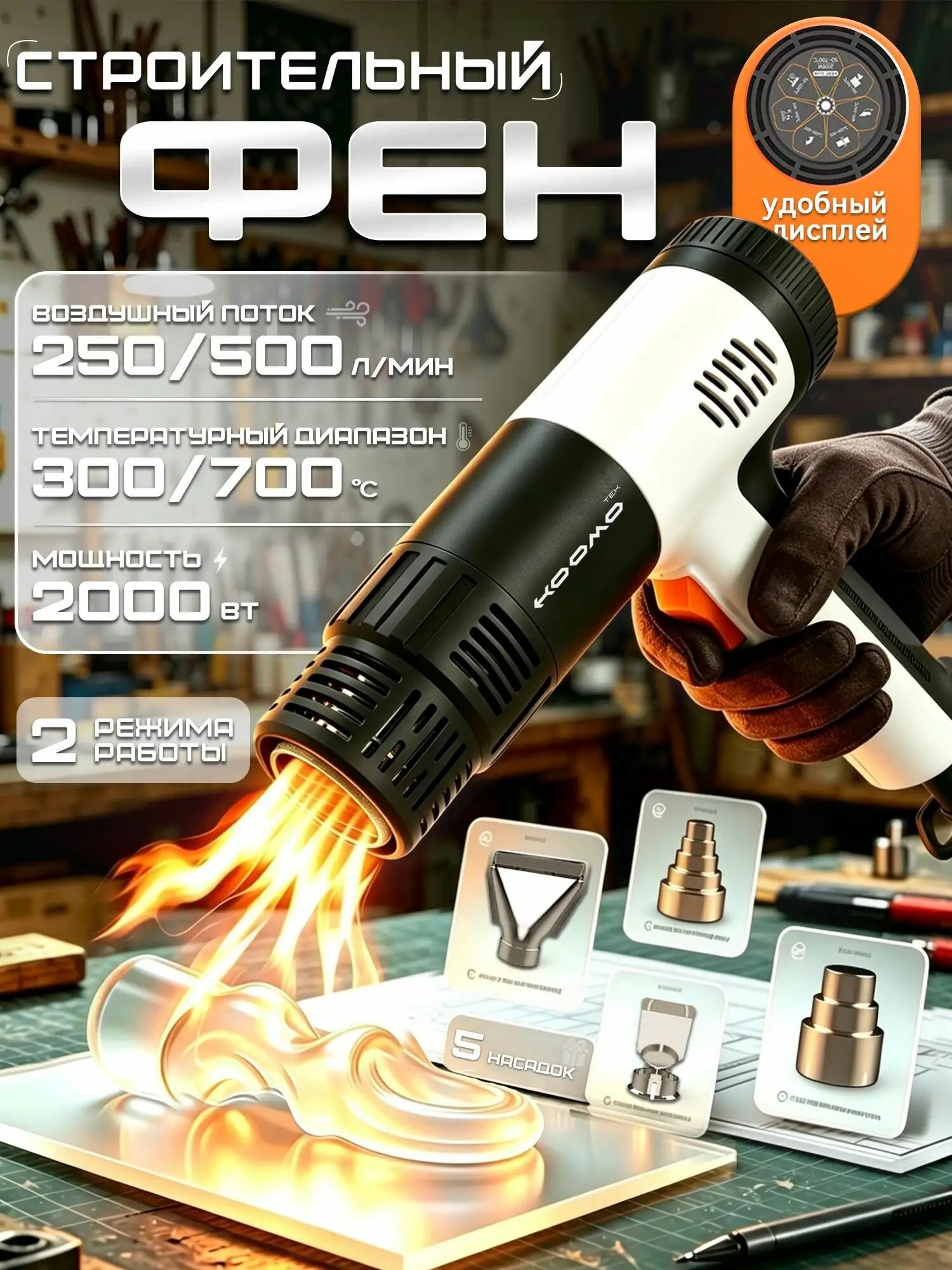Строительный фен с регулировкой температуры,2000 Вт,50-700градусов, мини,4 насадки, бесступенчатый термостат, профессиональная серия Для пайки пластика, термоусадки, удаления краски-xf