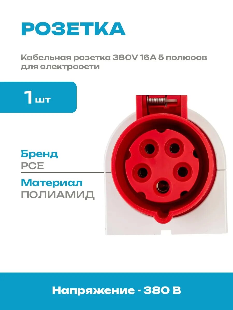 Разъем силовой настенный 16А 380V 5 полюсов с заземлением