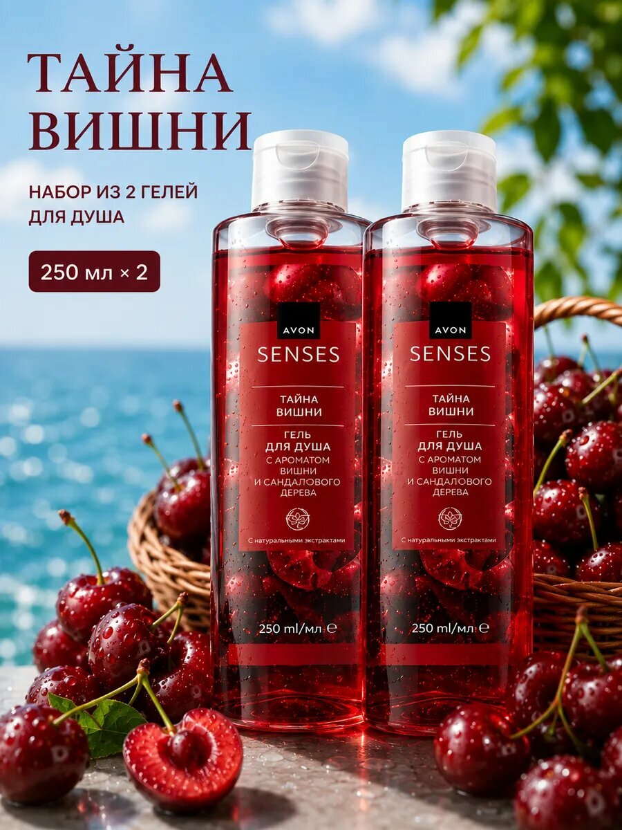 Гель для душа Avon Senses "Тайна вишни", сандал, питание, увлажнение, 2х250мл
