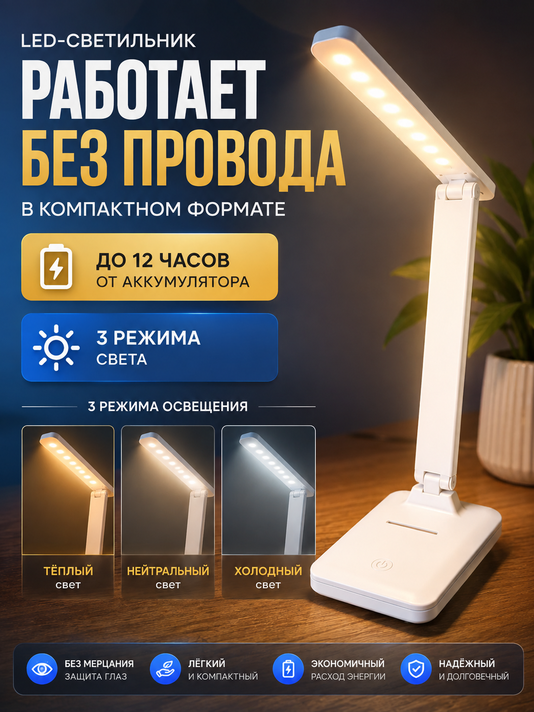 Настольный LED-светильник с сенсорным управлением — белый светильник для работы, учёбы и дома