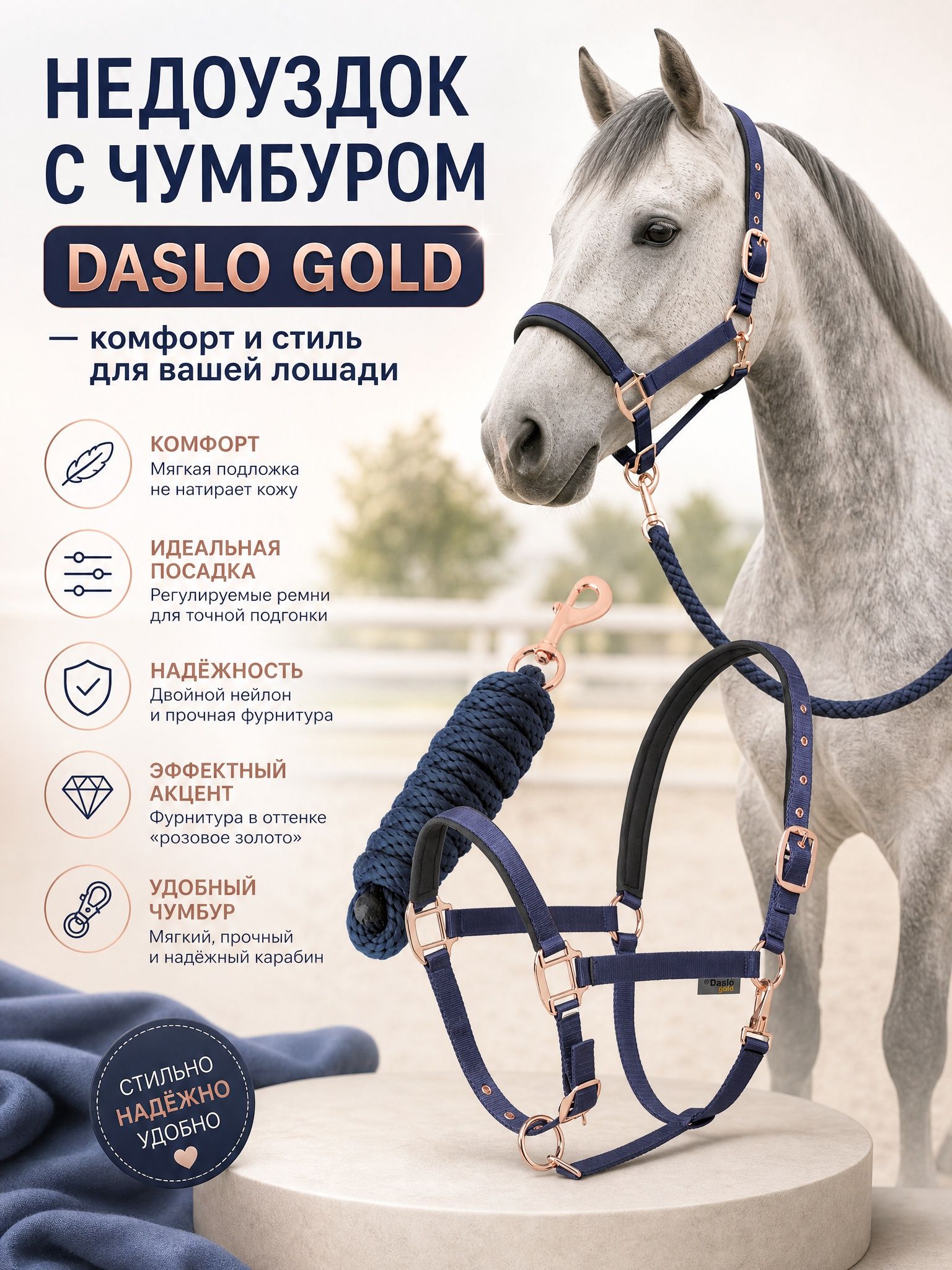 Недоуздок с чумбуром для лошади DASLO GOLD (Темно-синий, FULL)