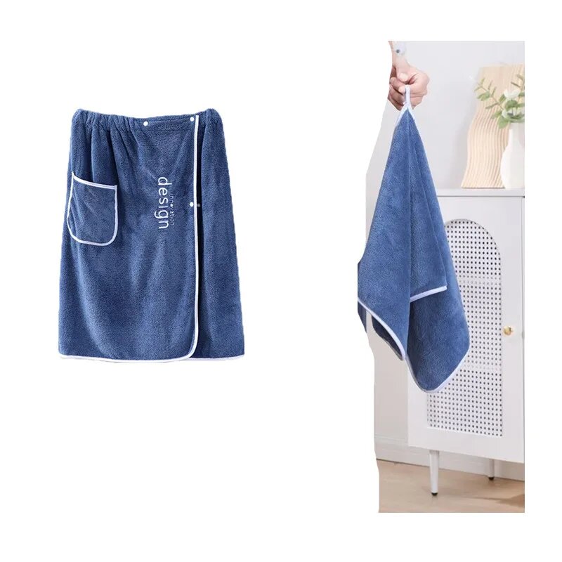 Мужской банный халат из микрофибры с карманом Синий, 2PCS