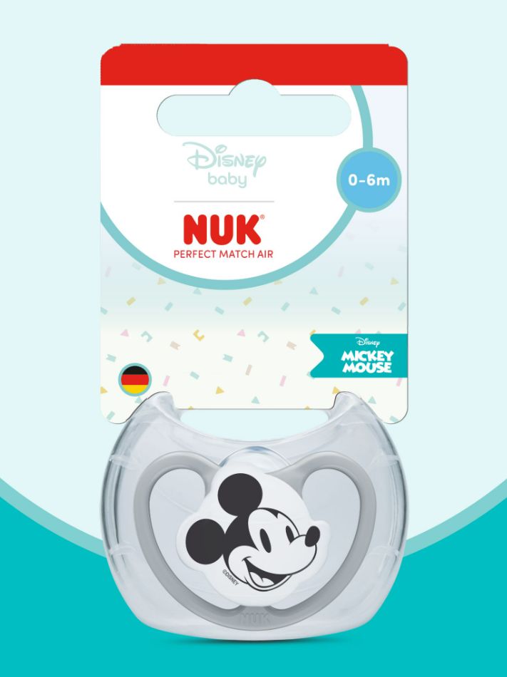 NUK PERFECT MATCH AIR MICKEY Соска-пустышка из силикона, разм. 0-6 мес, 1 шт. в контейнере, MICKEY серая