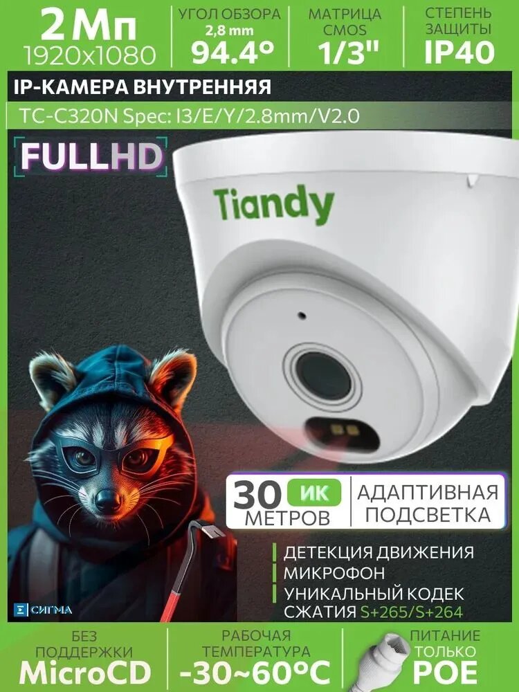 TIANDY TC-C320N I3/E/Y/2.8mm/V2.0 2МП 2,8 мм ИК CMOS PoE 1920х1080 IP камера видеонаблюдения уличная купольная фиксированная с микрофоном