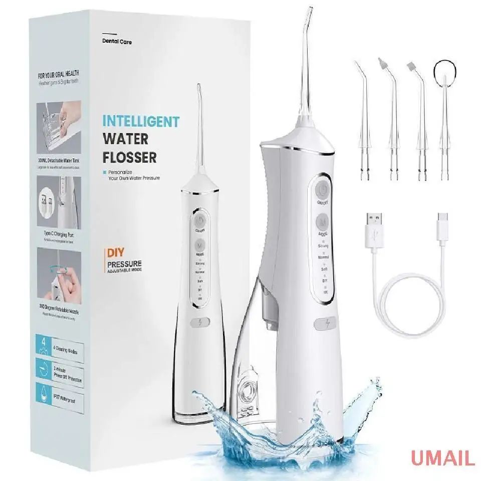 Портативный ирригатор для полости рта, 3 режима, 4 насадки, 300мл, IPX7, USB‑C, для ухода за зубами и брекетами
