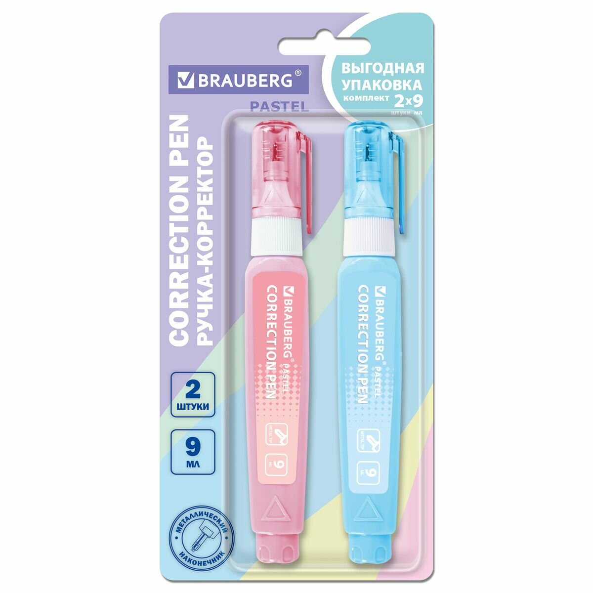 Корректирующая ручка Brauberg Pastel, 9мл, набор 2шт. (274233), 12шт.