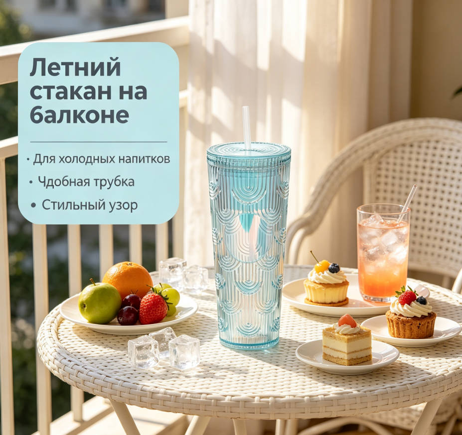 Большой стакан с соломинкой, рельефный узор, с крышкой, удобный для холодных напитков, для дома и офиса