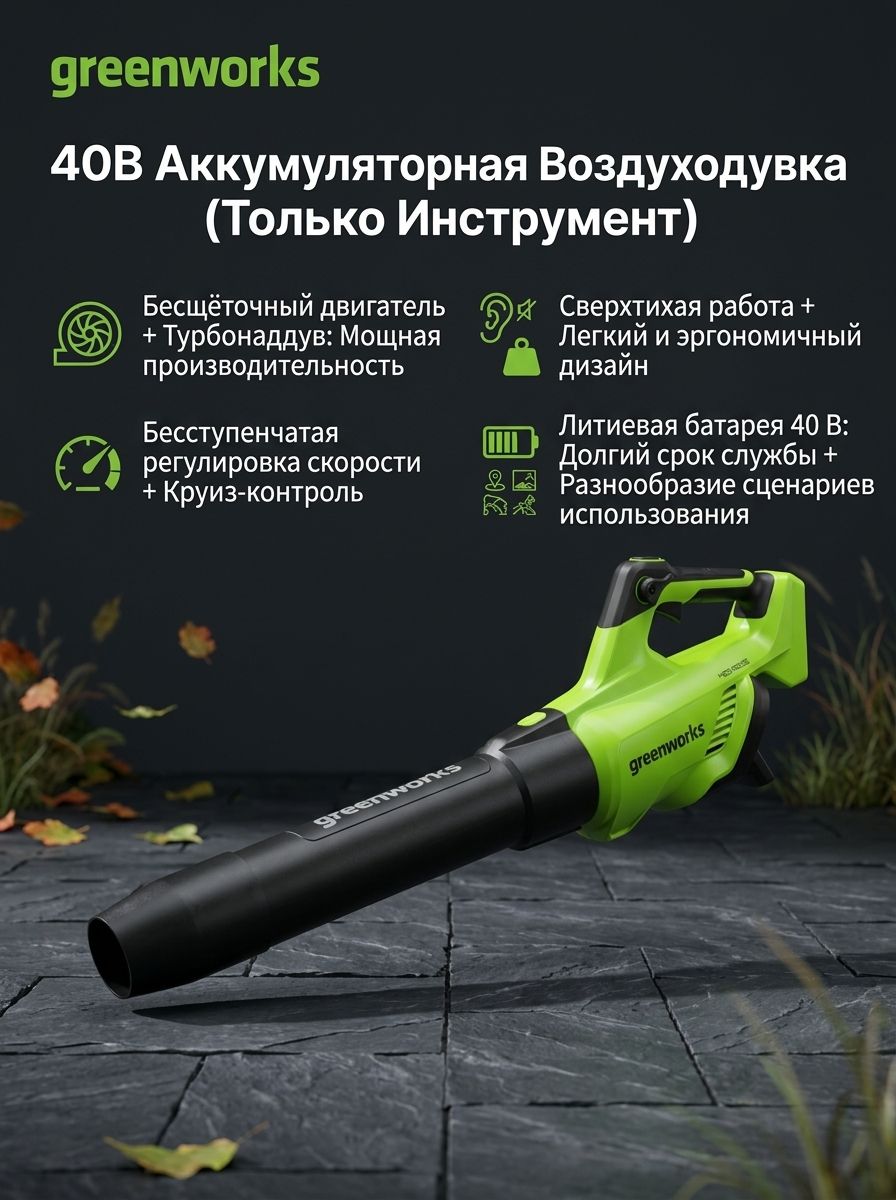 Промышленная аккумуляторная воздуходувка для уборки листвы и снега, 40 В