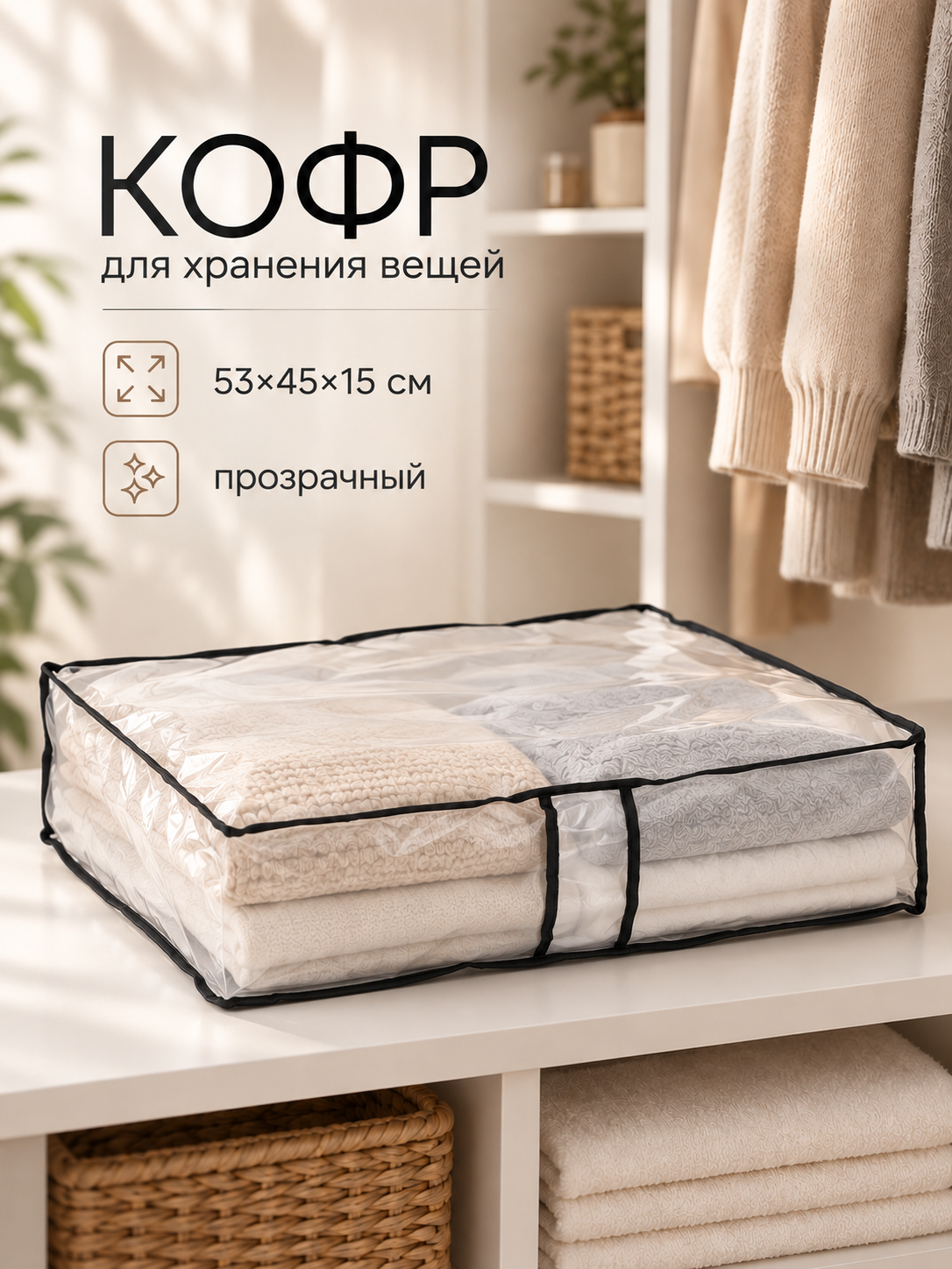 Кофр для хранения вещей прозрачный, на молнии, с ручками, из полиэтилена, 53×45×15 см