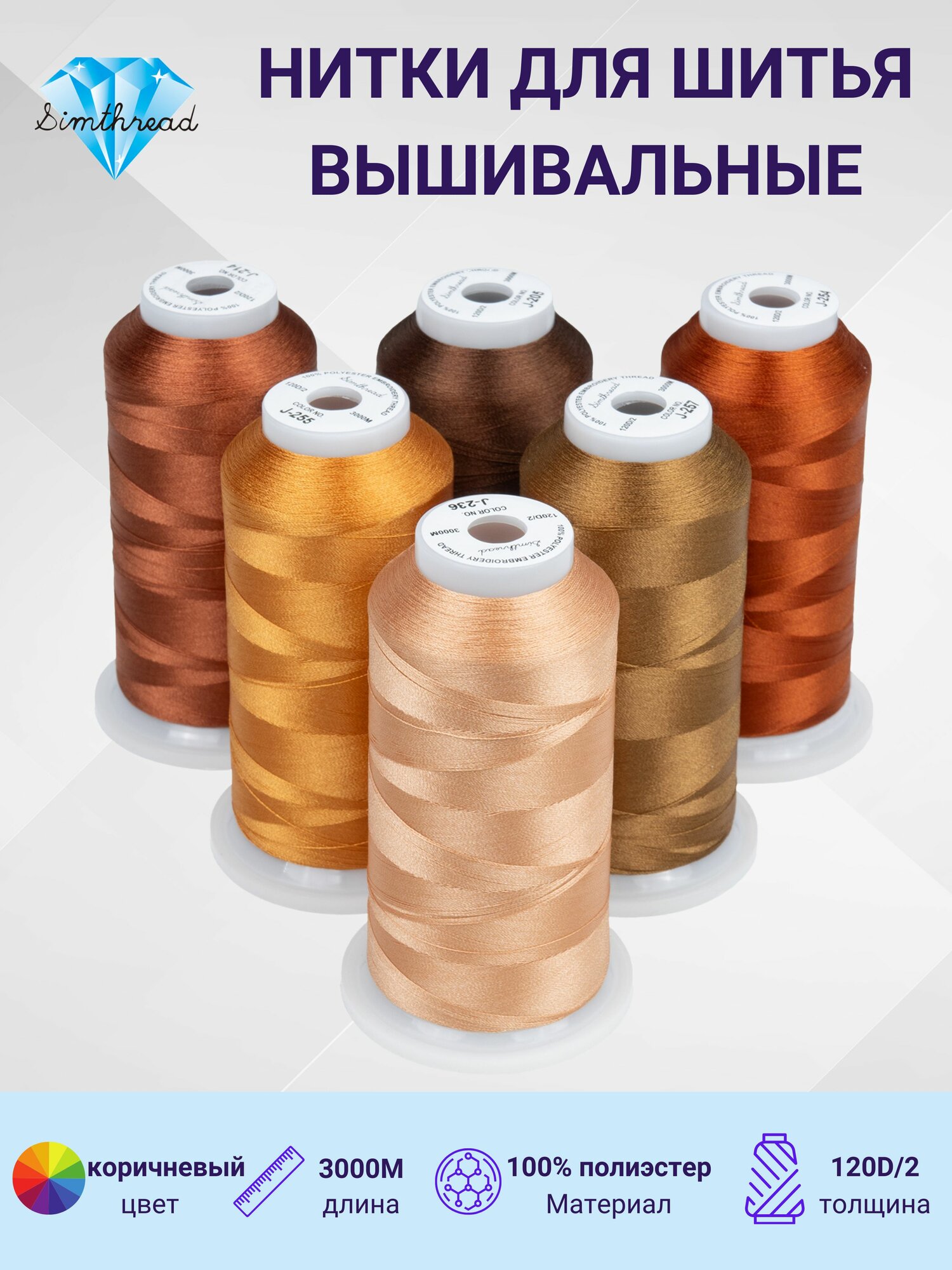 Нитки для машинной вышивки, Simthread набор 6 цветов, 40wt, 3000м, полиэстер