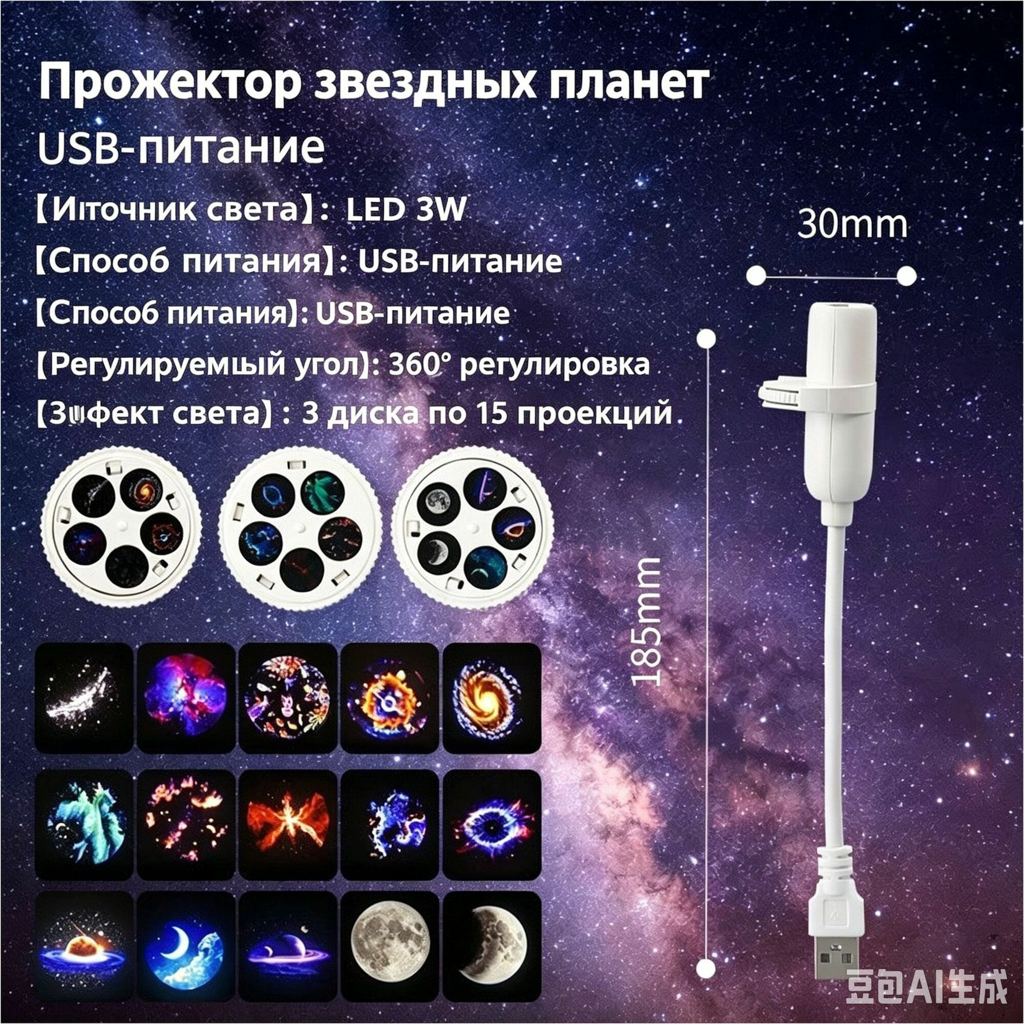 Мини-проектор , ночник с проекцией звёздного неба, 5 Вт, белый